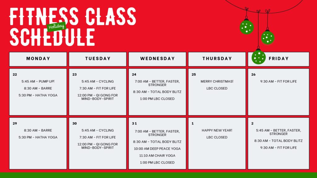 Holiday Fitness Class Schedule | LBC